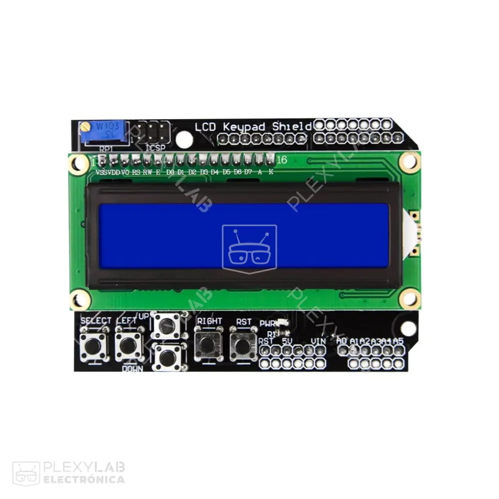 Módulo shield keypad tarjeta de expansión teclado y LCD 16x2 para Arduino Uno | PLEXYLAB